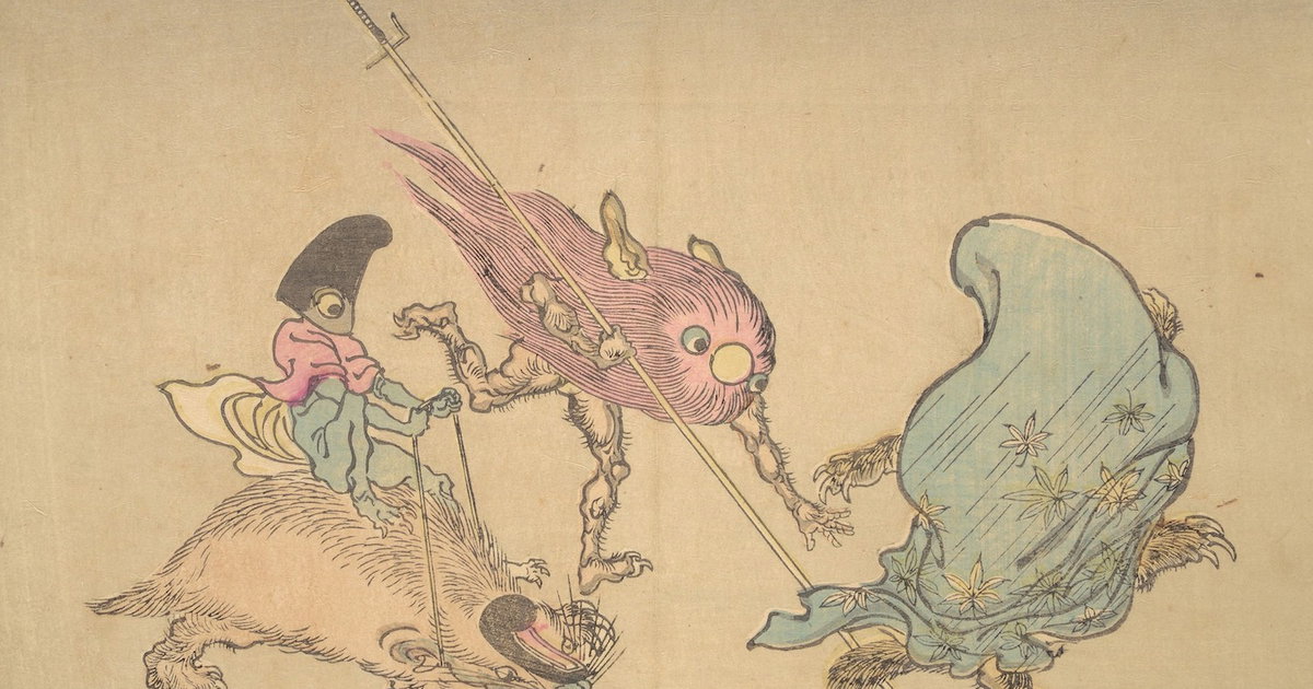 ‘At left, a small demon riding a badger with a stirrup on its head ...