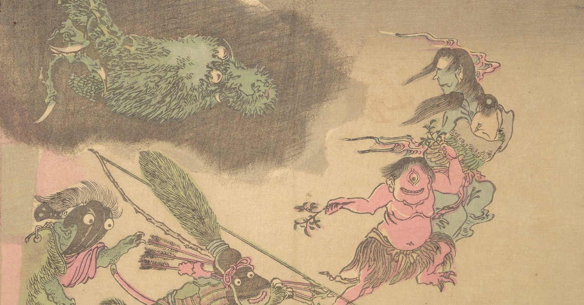 ‘A green dragon chases demons, including a winged hag, at right, who is ...